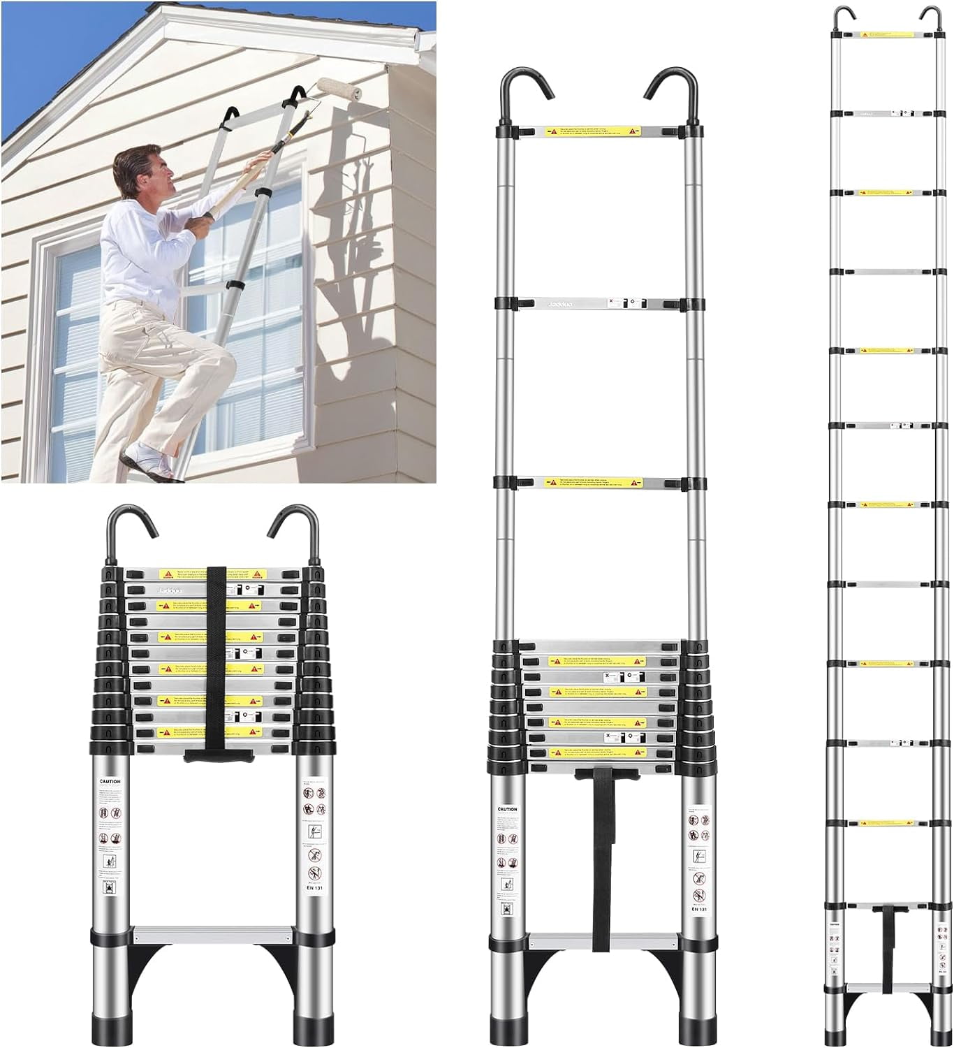 16.5FT Telescopic Ladder, Aluminium Silver Telescoping Ladder with Non ...