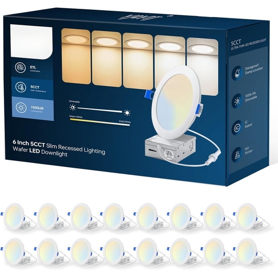 16 6 Inch 5CCT -Thin Recessed Ceiling Light with Junction Box, 2700K ...