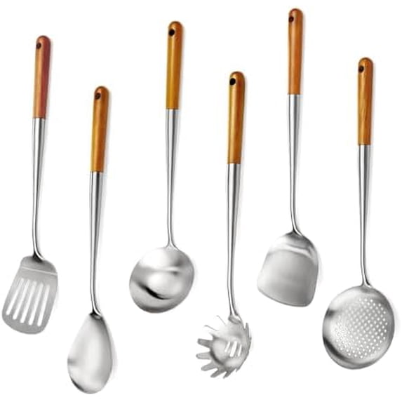 16.6 inch Stainless Steel Kitchen Utensils Set with Wood Handle, 6pcs ...