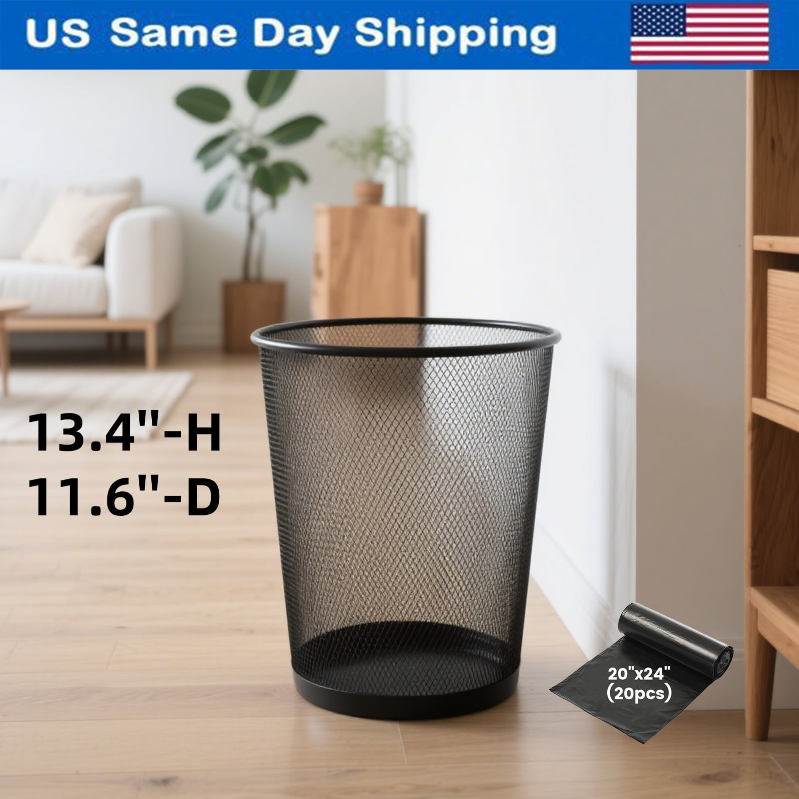 16.65L(4.5 Gallon) Black Mesh Round Trash Cans Waste Paper Basket with ...