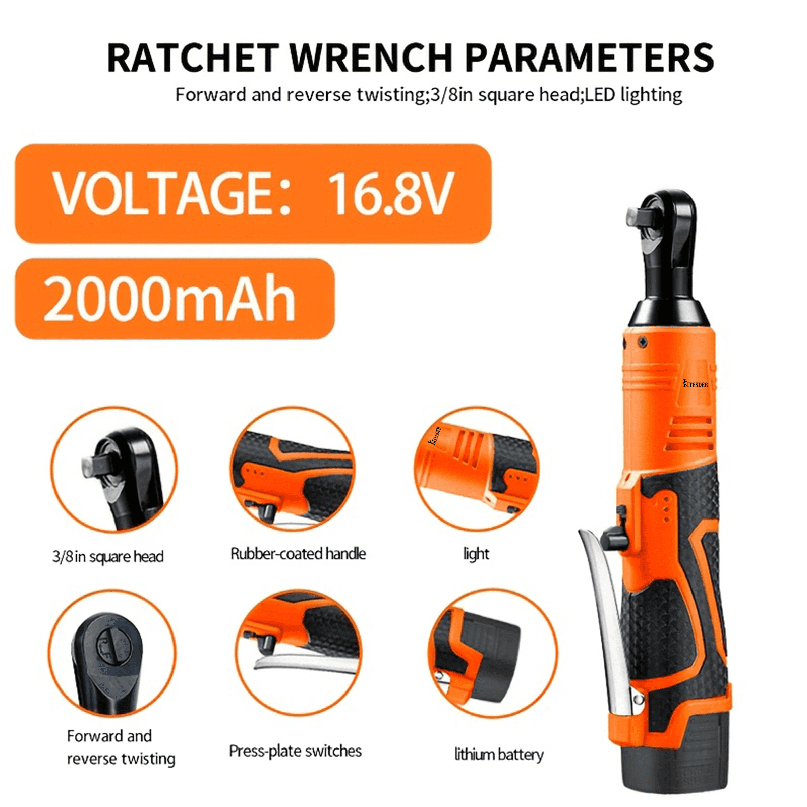 16.8V Cordless Ratchet Wrench 550RPM 45FT Torque, 3/8" Square Drive ...