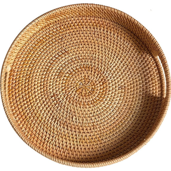 16.9" Round Rattan Tray, Hand Woven Serving Tray with Handles, Wicker ...