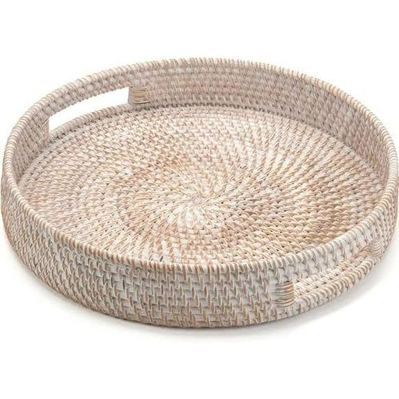 16.9" Round Rattan Tray, Hand Woven Serving Tray with Handles, Wicker ...