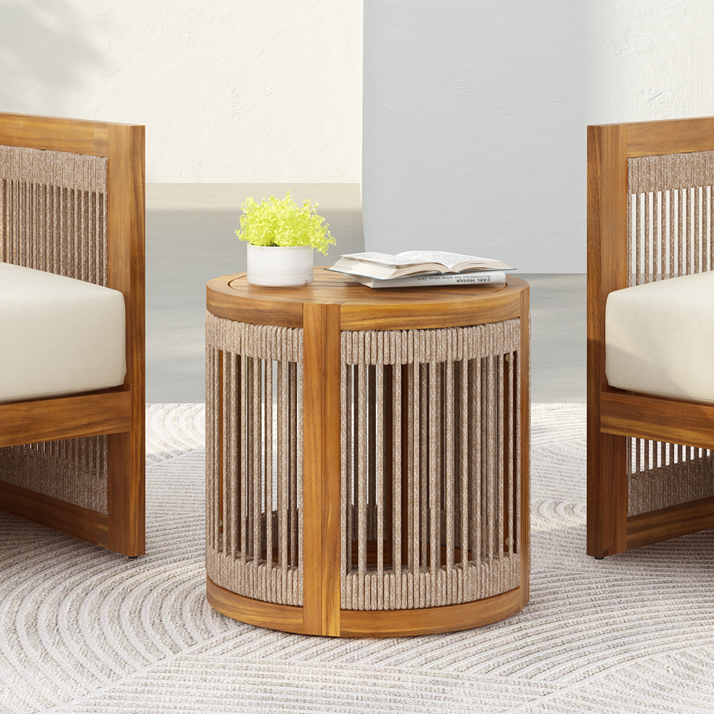 16.9" Acacia Wood Outdoor Side Table - Handwoven Rope Accent Boho Patio ...