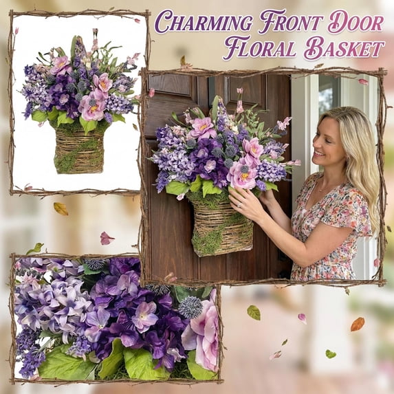 16.92" Spring Artificial Floral Door Basket, Hand-Woven Rattan Hanging ...