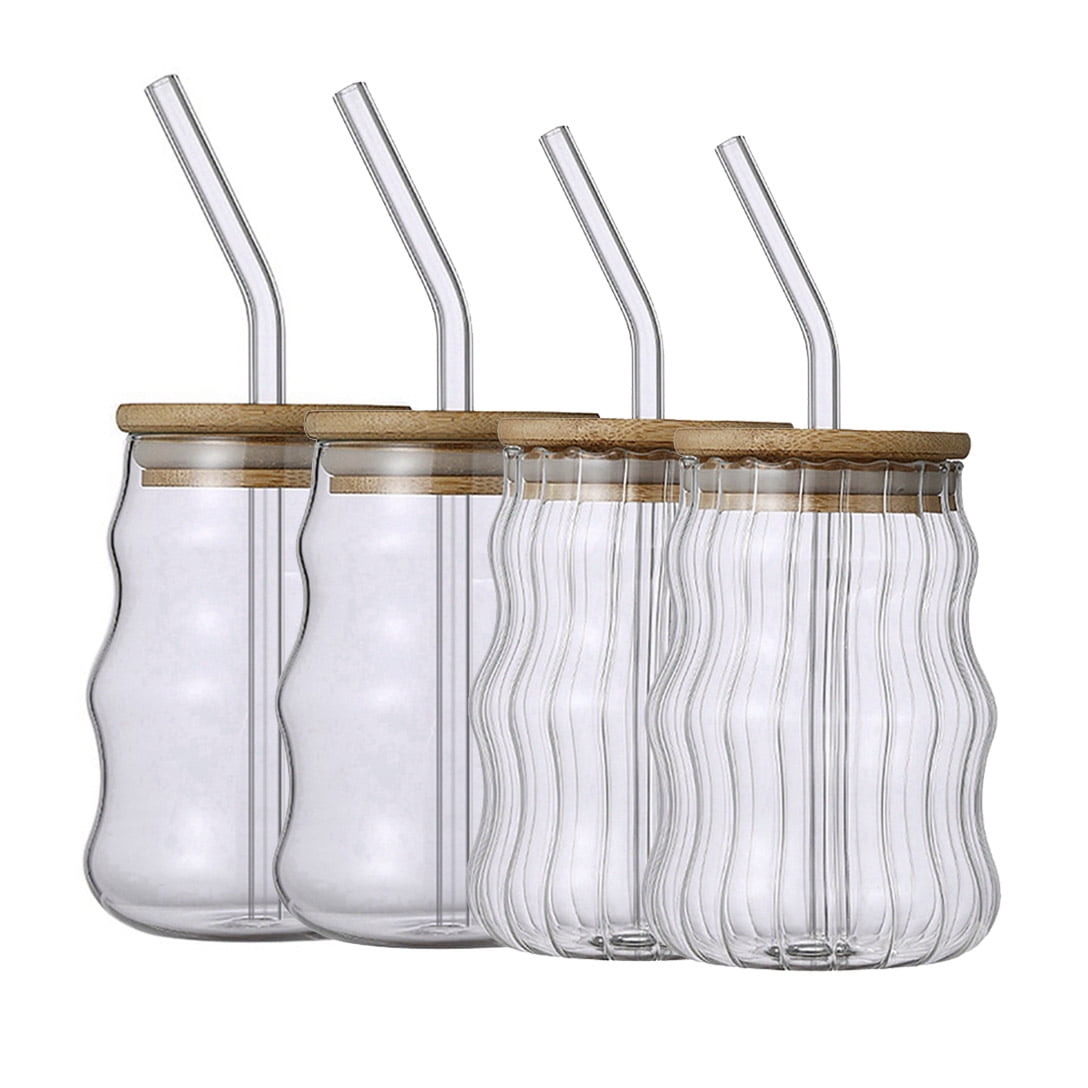 16.9oz/ 500ml Ribbed Glass Cup with Lid and Straw, Wave Coffee Milk ...