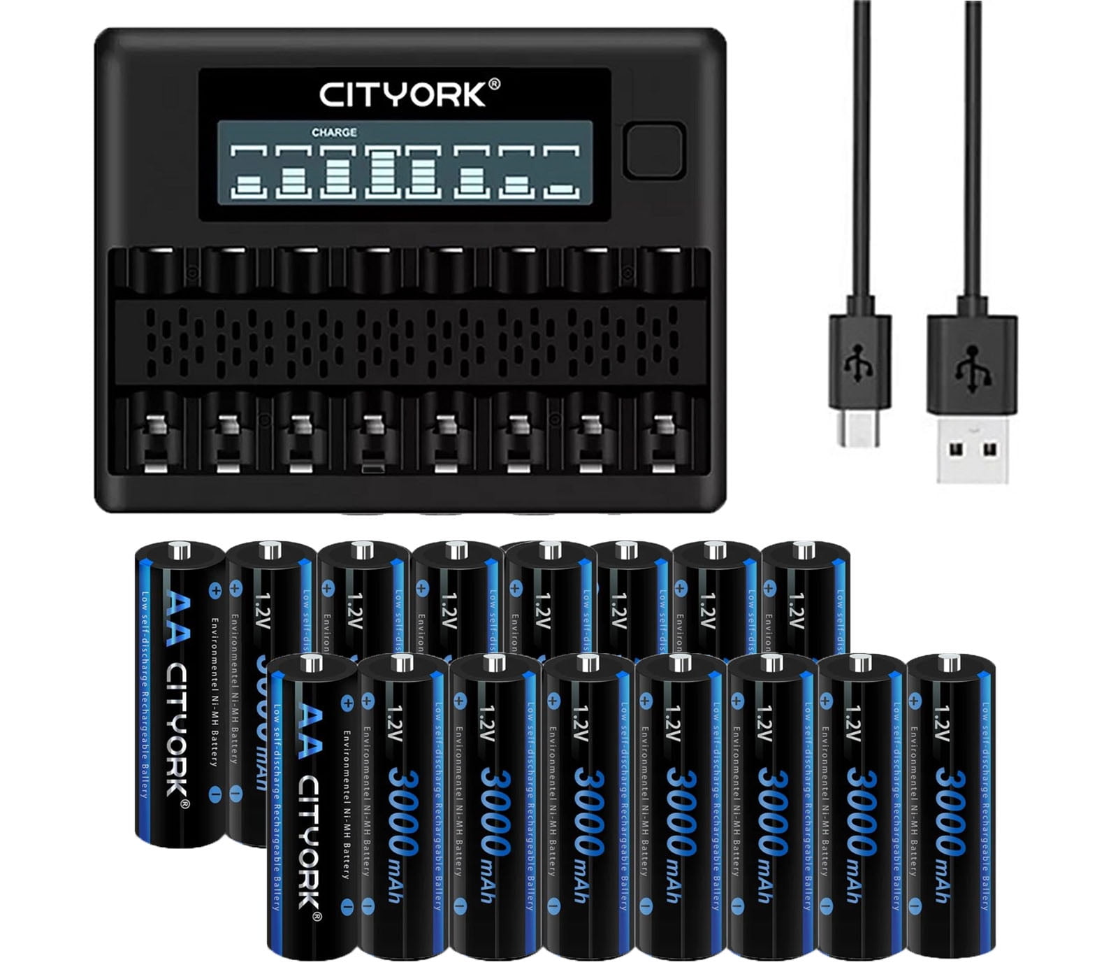 16 AA Rechargeable Batteries with High Capacity Low Self Discharge 1.2v ...