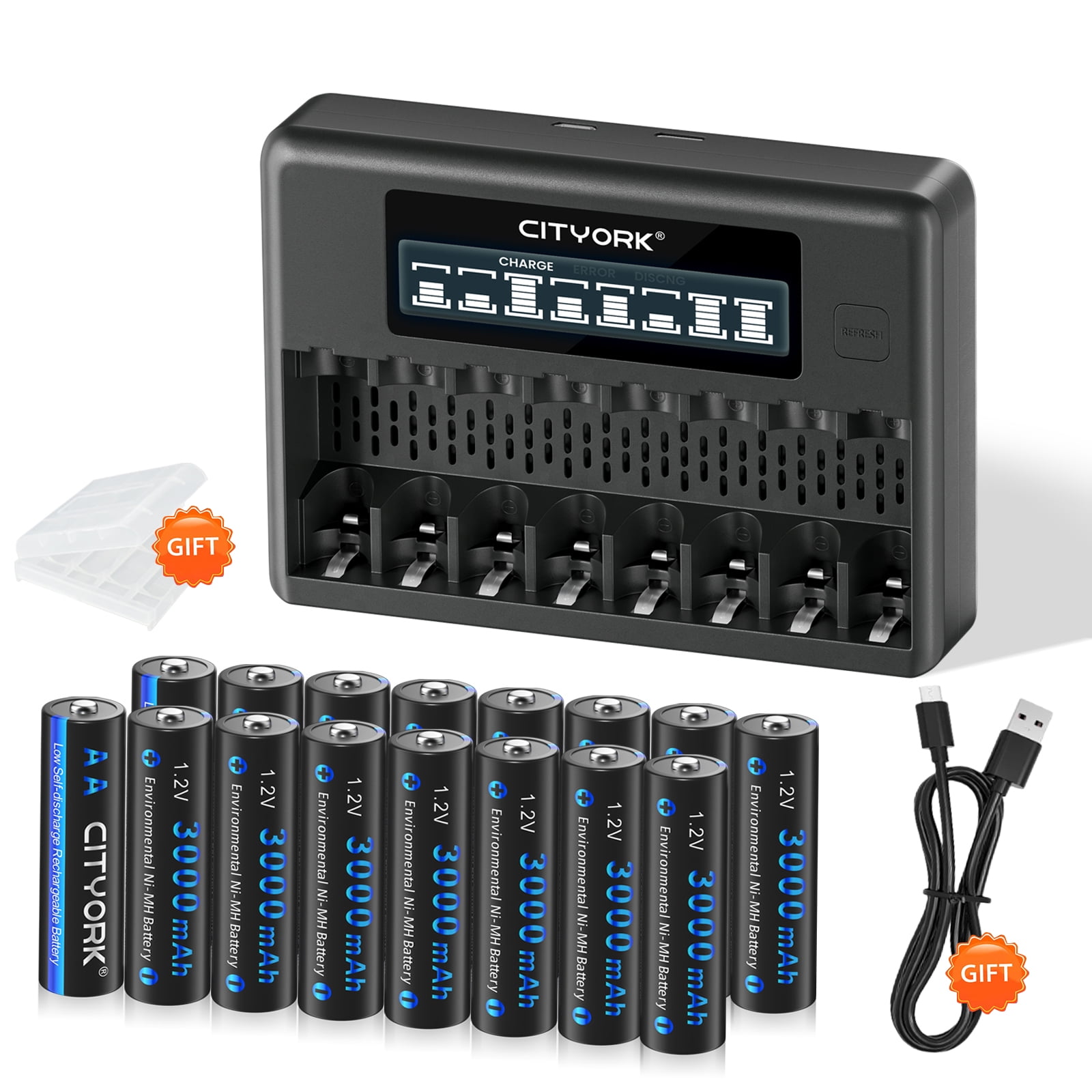 16 AA Rechargeable Batteries with High Capacity Low Self Discharge 1.2v ...