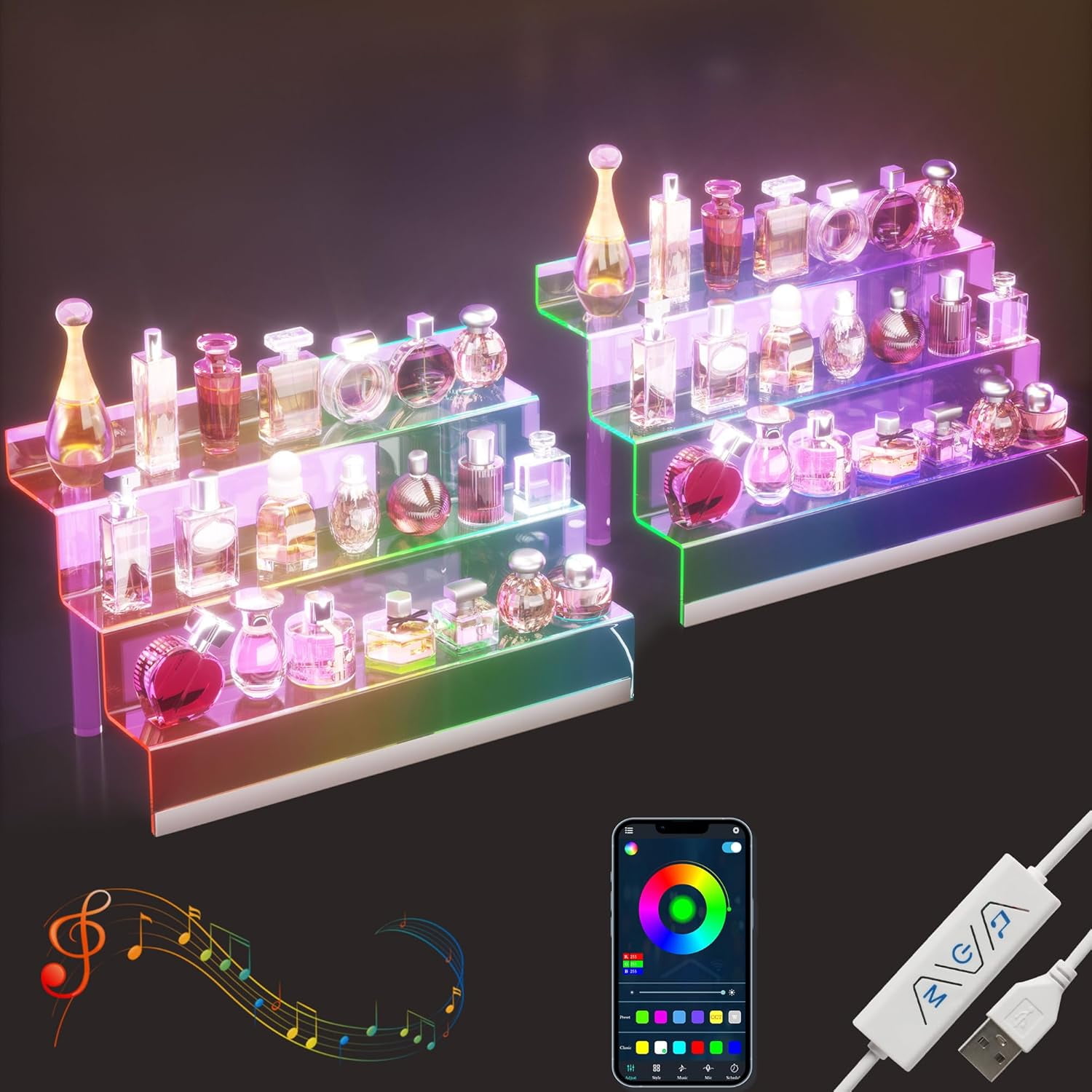 16" Acrylic Display Organizer with LED Light - 3 Tier Perfume Stand and ...