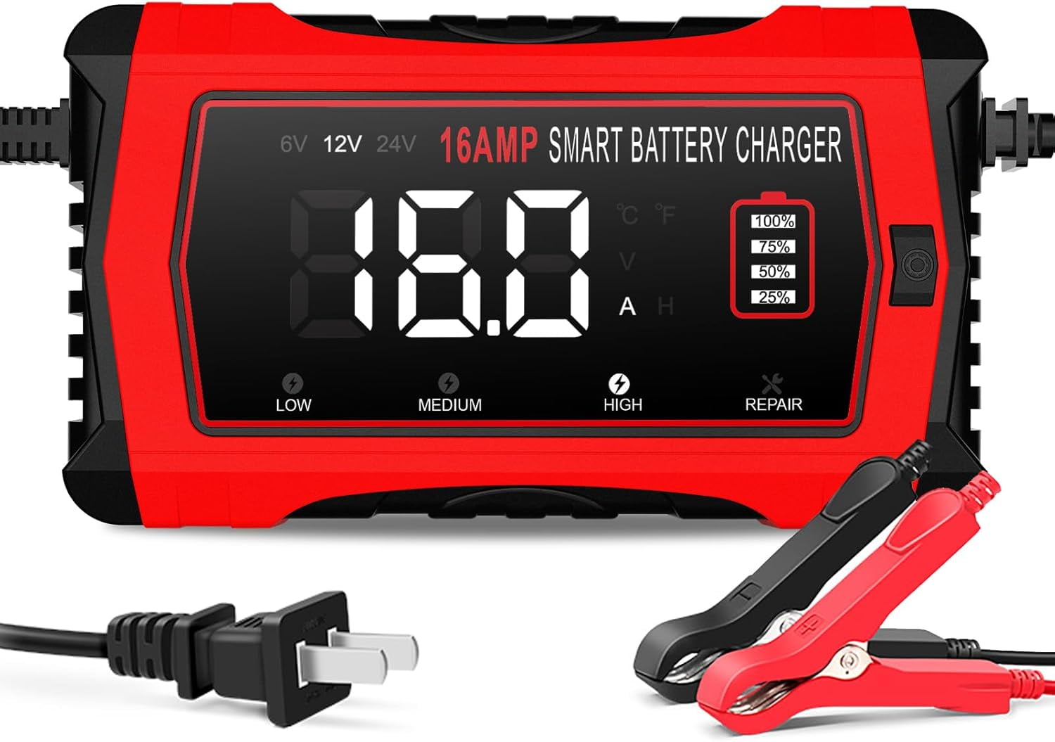 16-Amp Smart Battery Charger (6V/12V/24V), Fully Automatic Trickle Charger Maintainer ...