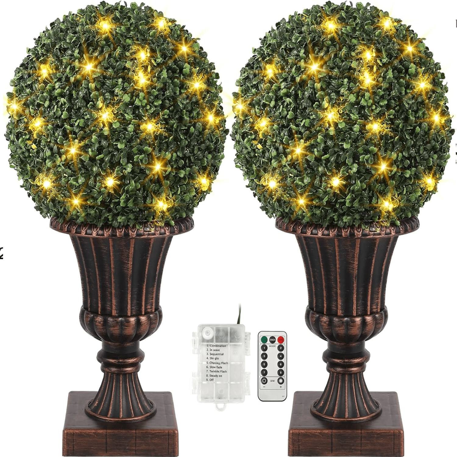 16” Artificial Boxwood Topiary Ball with LED,Pre-Lit Artificial Topiary ...