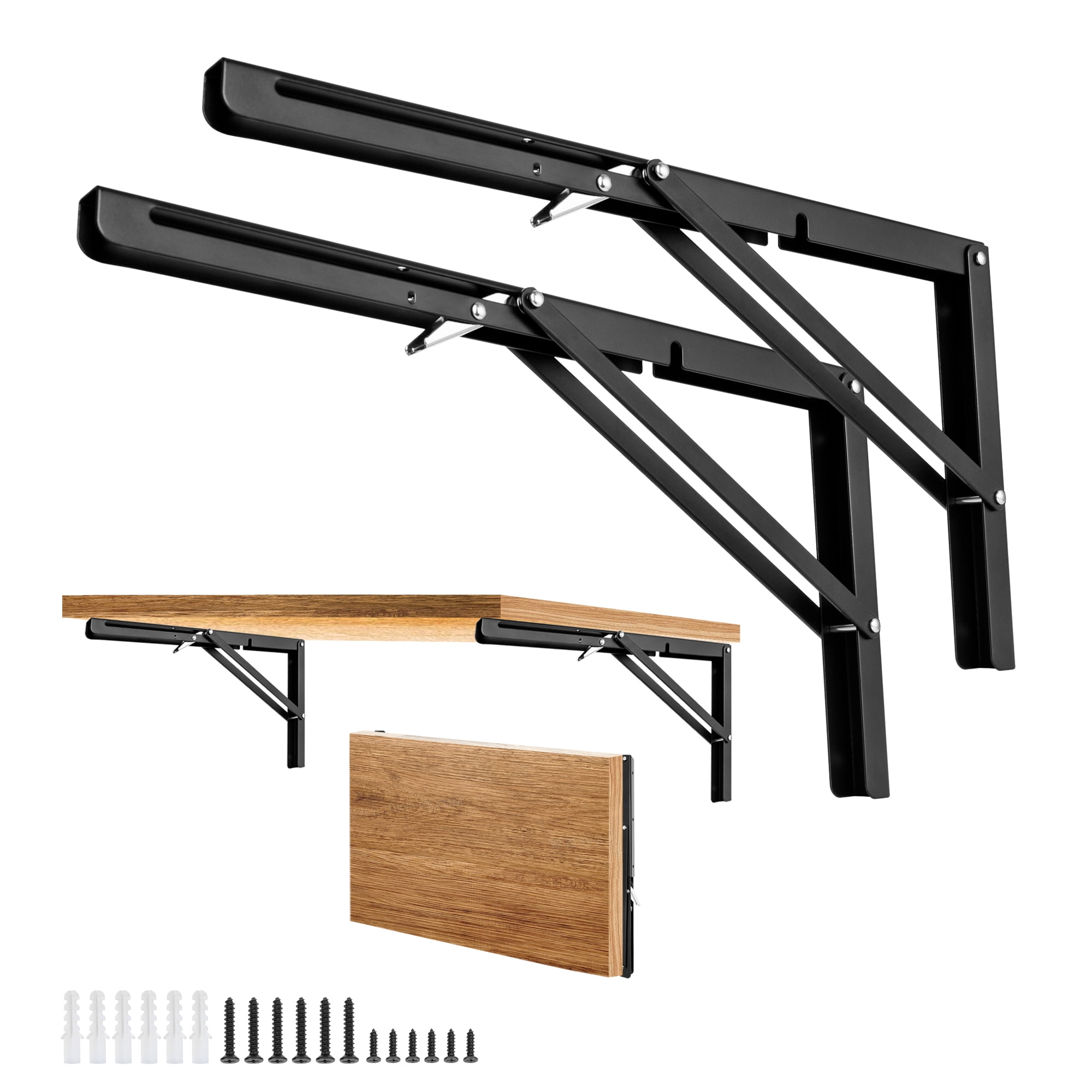 JWYY 16" Black Folding Shelf Brackets, Heavy Duty, Wall Mounted, Pack ...