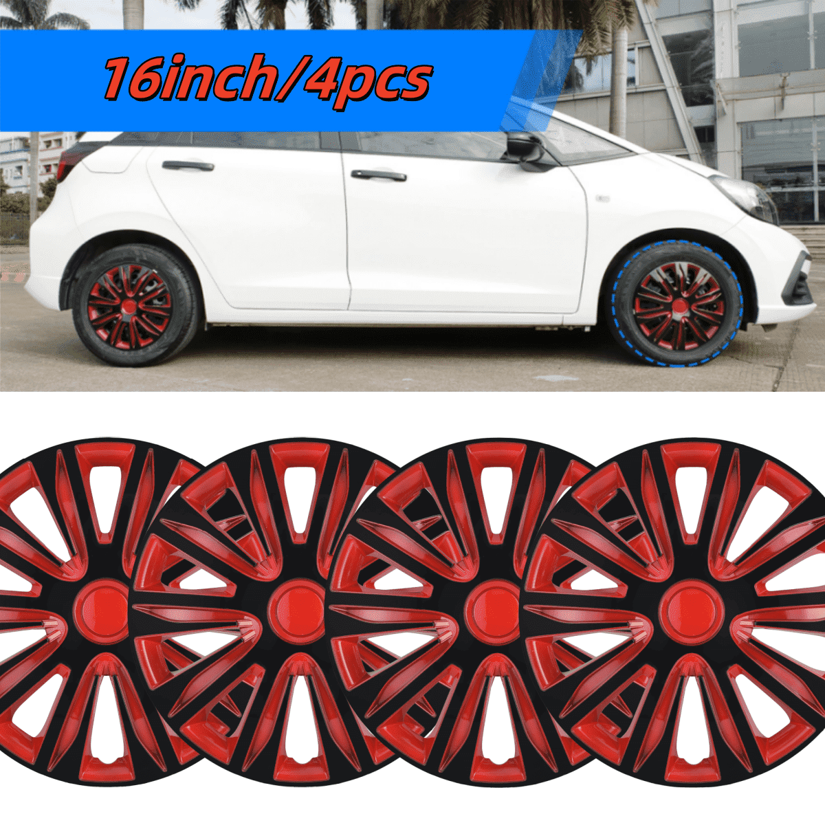 16" Black & Red Hubcaps/Wheel Covers for Most Cars,Set of 4 Snap on Car ...