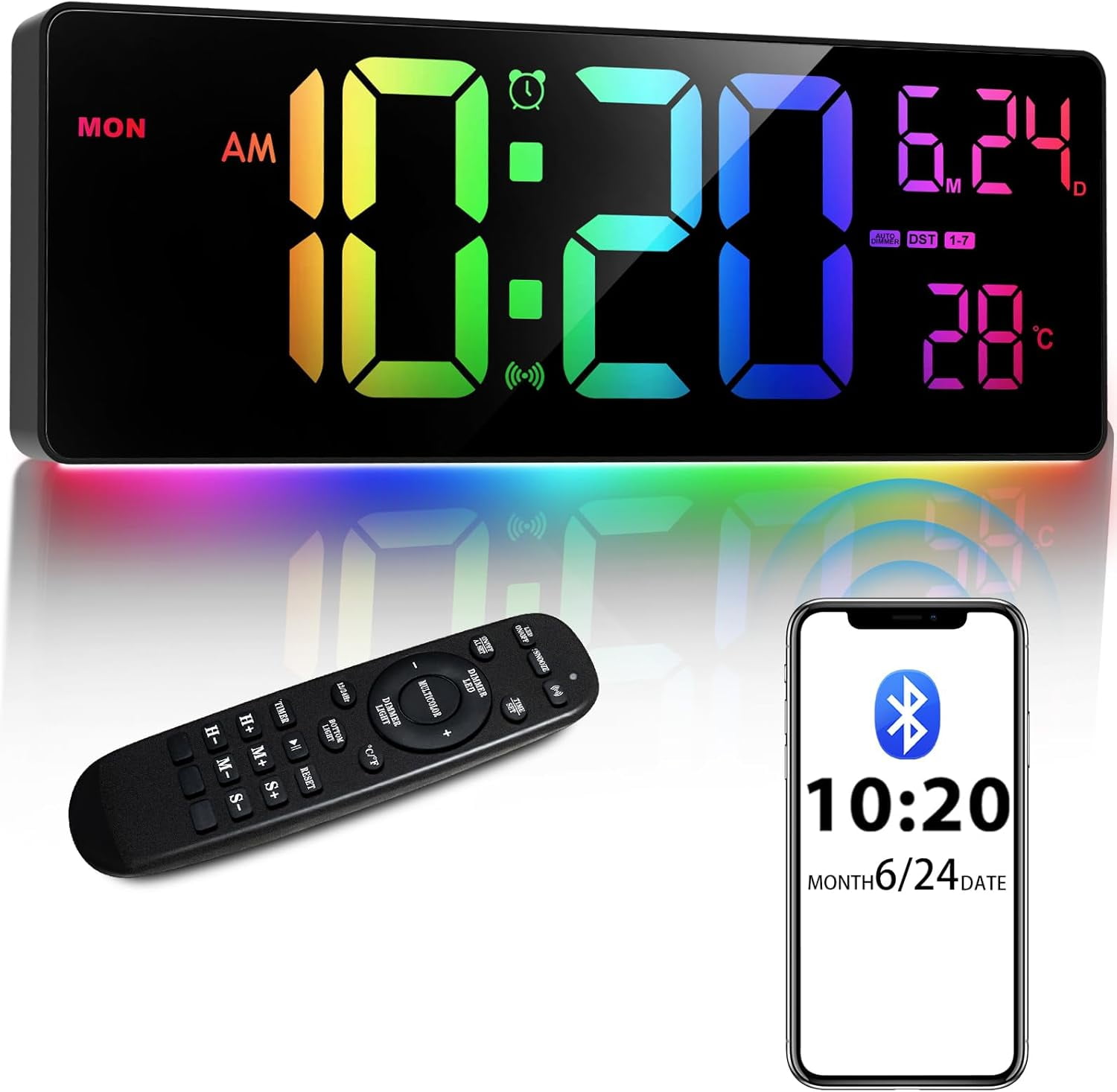 16" Bluetooth Large Digital Wall Clock with Auto Time Sync, 10 RGB ...
