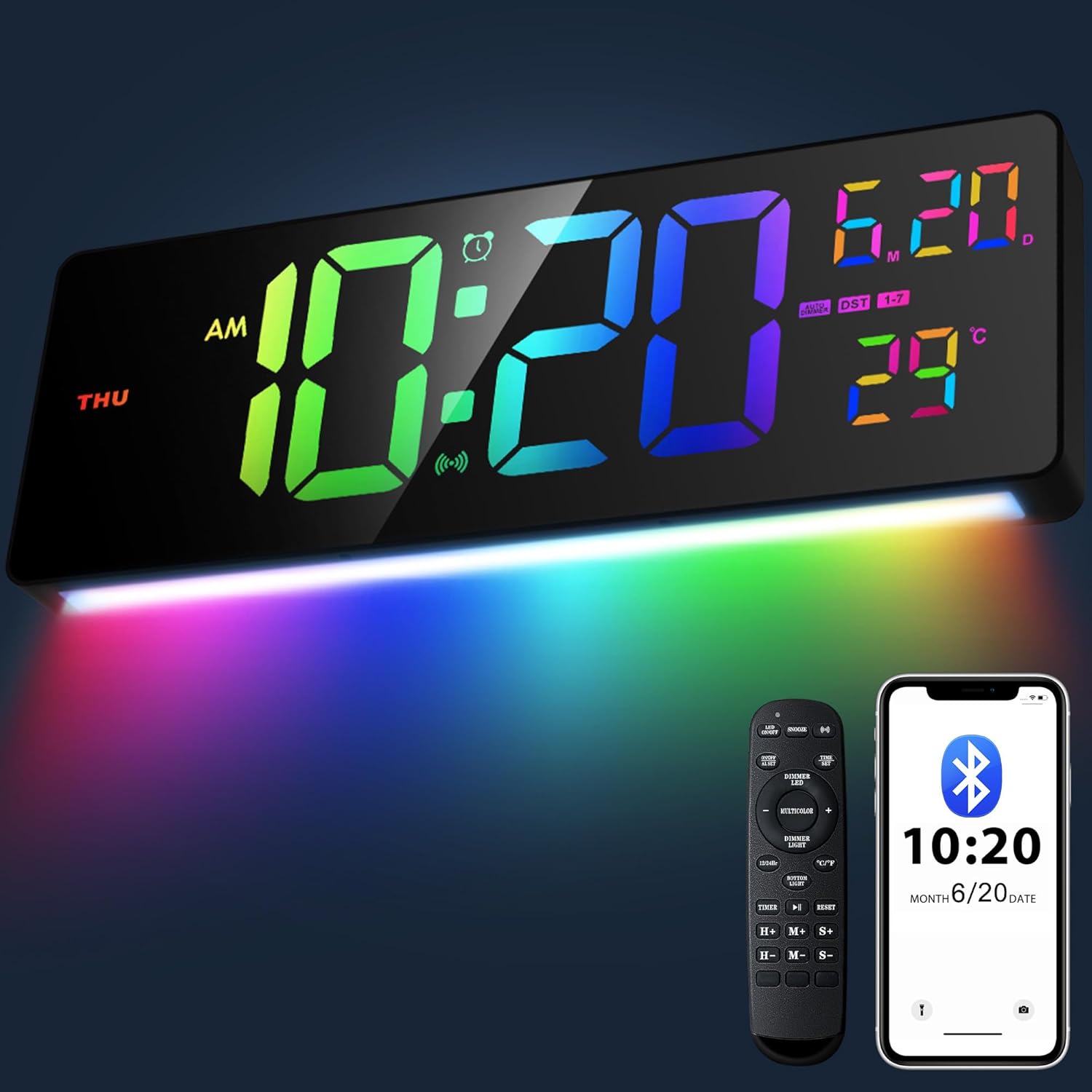 16" Bluetooth Large Digital Wall Clock with Auto Time Sync, 10 RGB ...