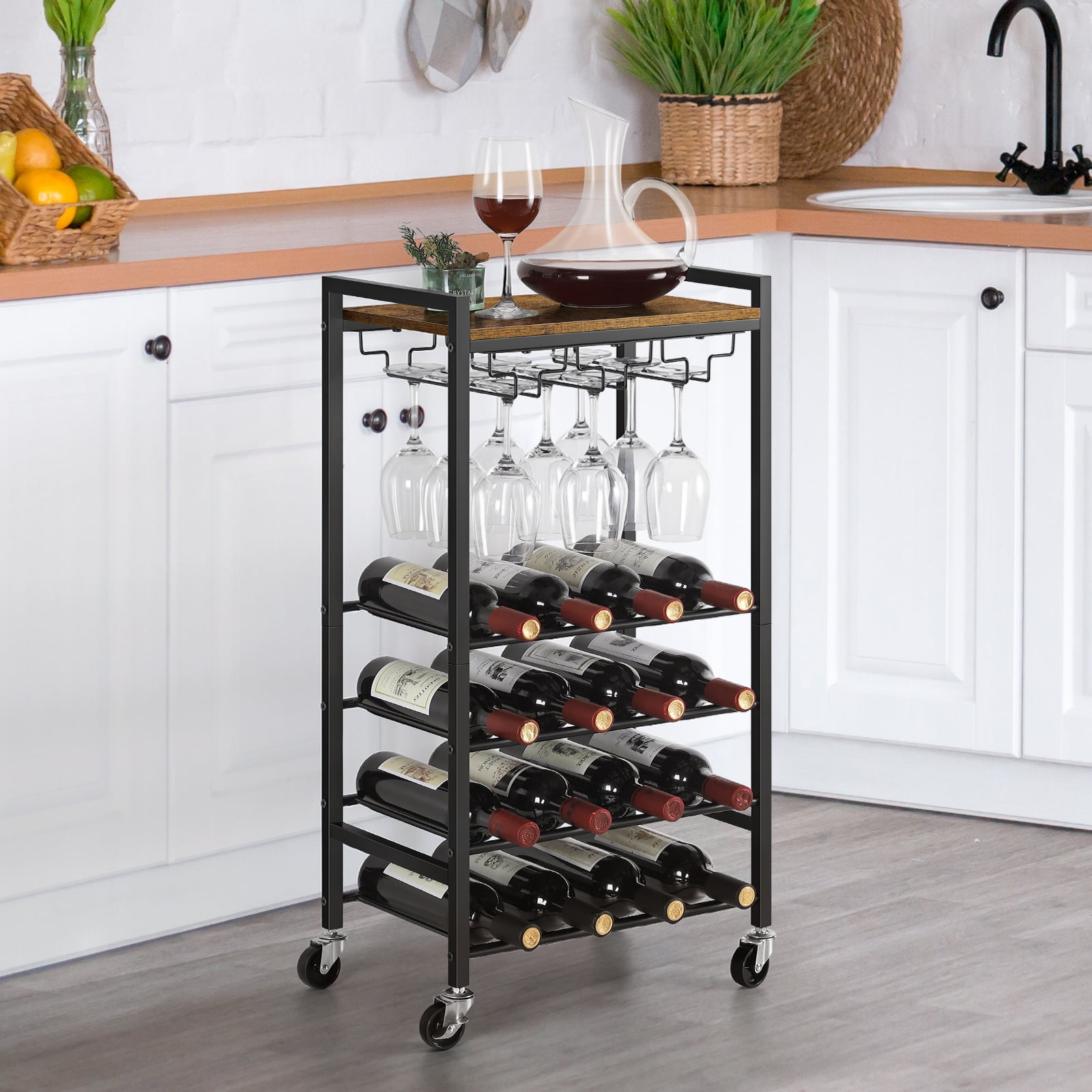 16 Bottles Free Standing Wine Rack with 9 Glass Holders for Kitchen ...