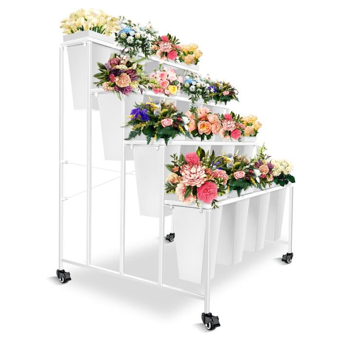 16 Buckets White Flower Stand, 45in Height Iron Cart, 360° Movable ...