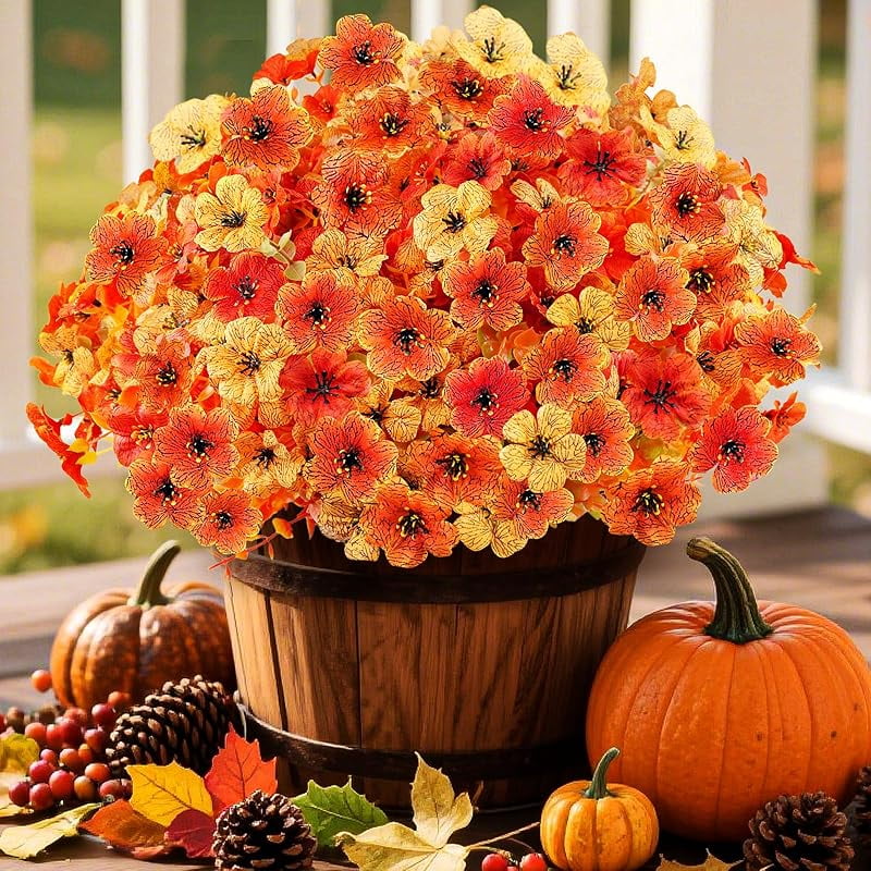 16 Bundles Artificial Fall Flowers for Outdoors, Realistic Fake Silk ...