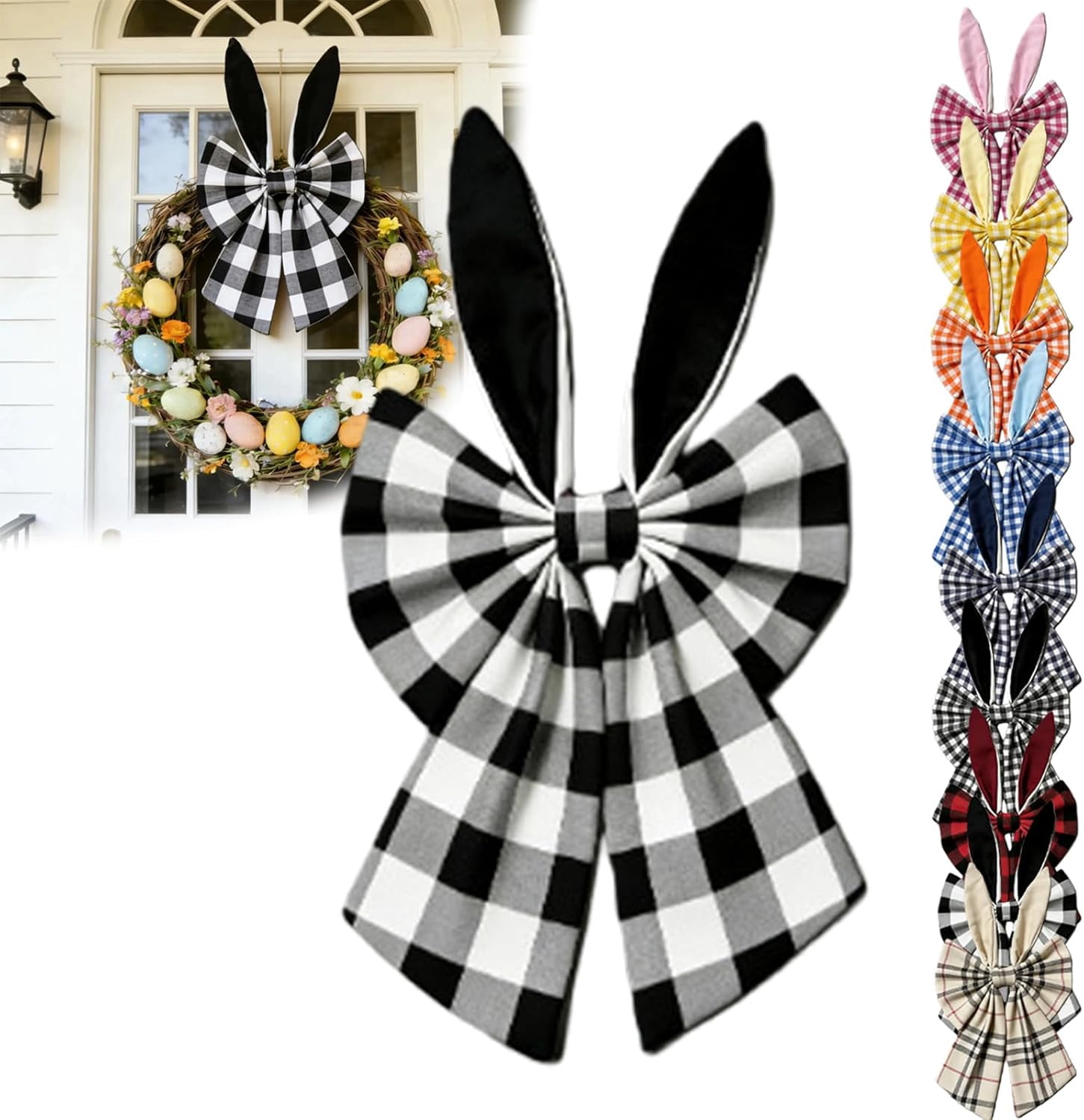 16" Bunny Ears Easter Wreath Bow – Rustic Buffalo Plaid Decorative Bow ...