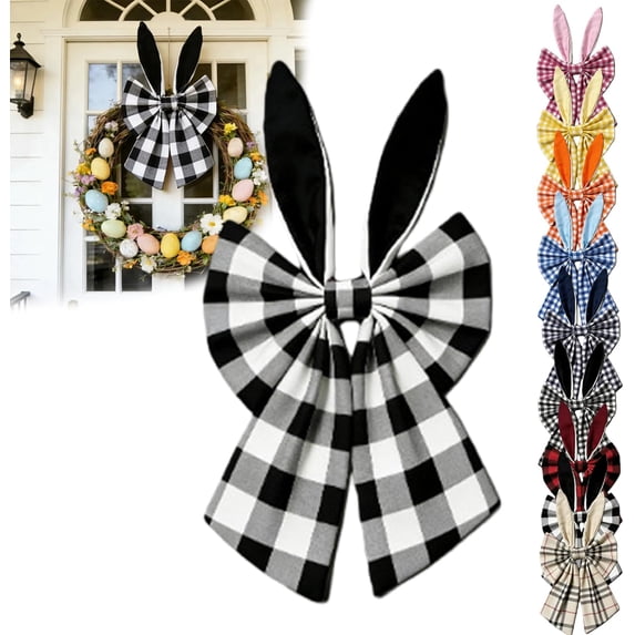 16" Bunny Ears Easter Wreath Bow – Rustic Buffalo Plaid Decorative Bow ...
