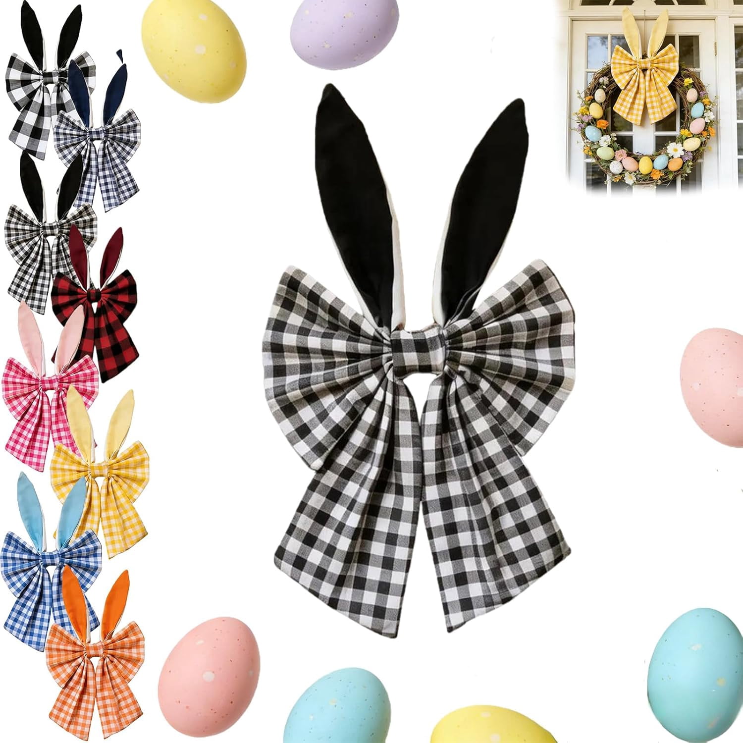 16" Bunny Ears Wreath Bow, Decorative Buffalo Plaid Bow for Spring ...
