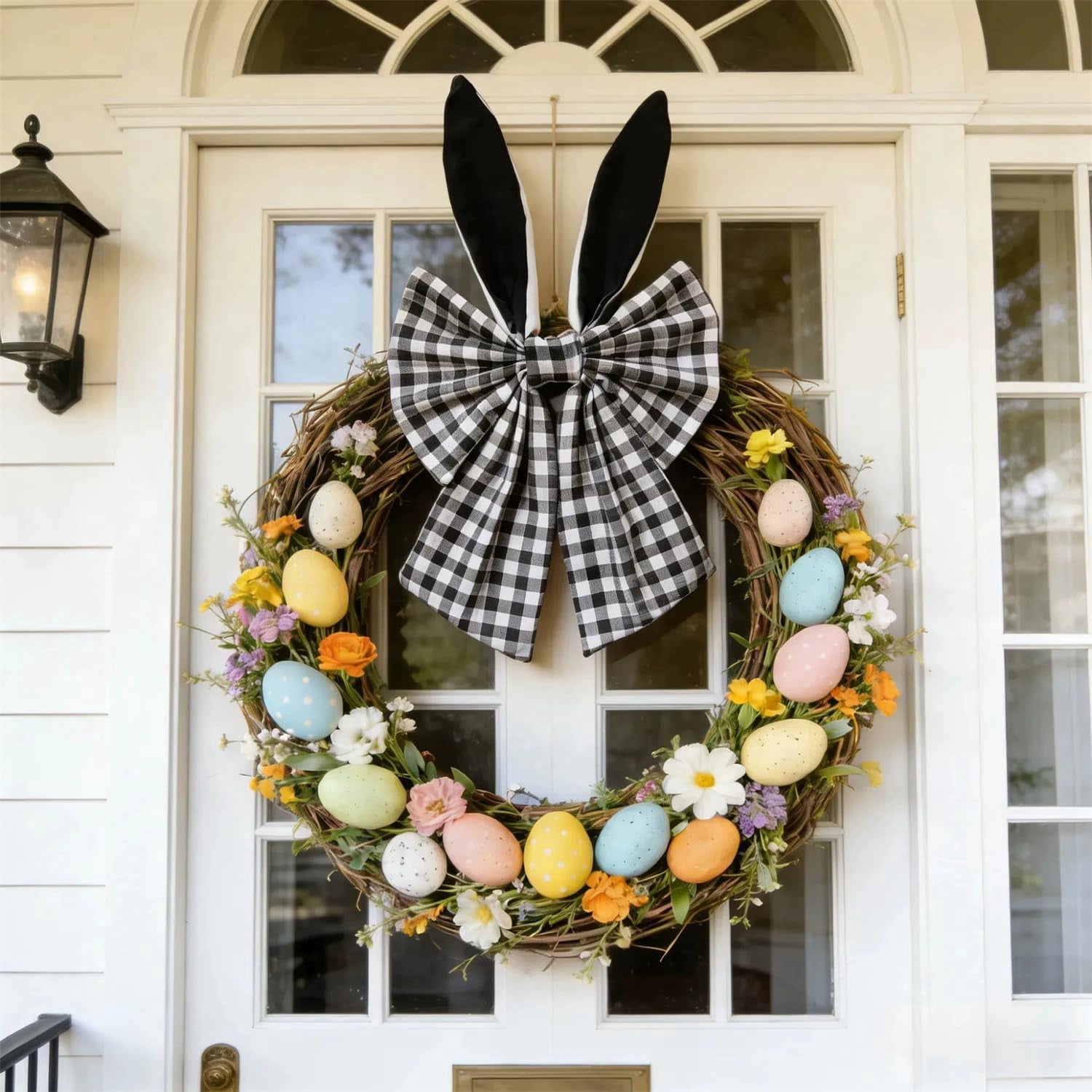 16" Bunny Ears Wreath Bow, Easter Themed Rustic Buffalo Plaid Fabric ...