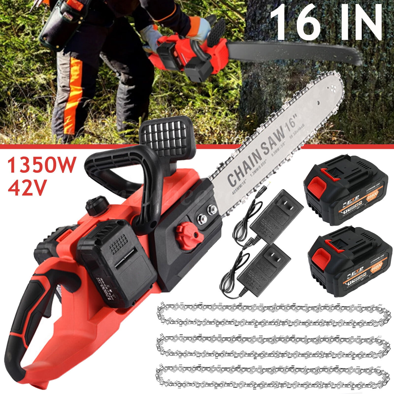 16" Chain Saw Rechargeable Portable Chainsaw Logging Saw Tree Cutting 2 ...