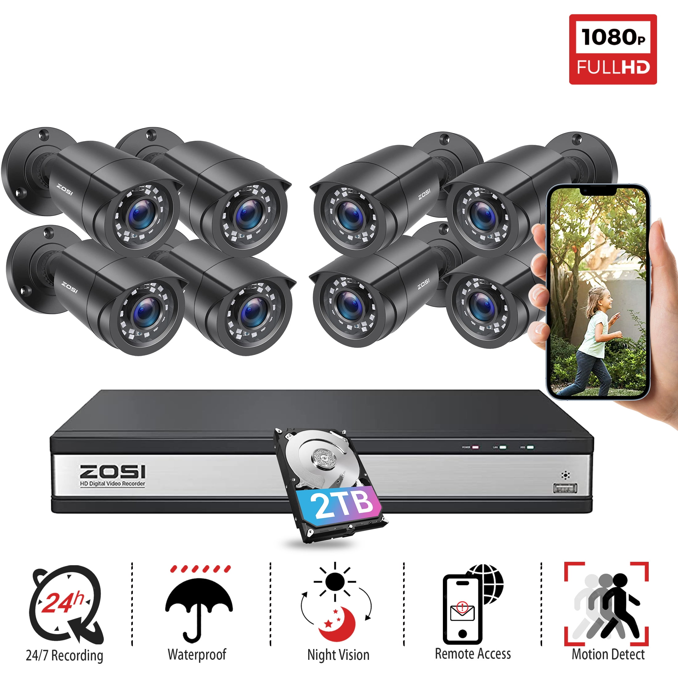 16 Channel 5MP Lite Wired ZOSI Security Camera System, 8pcs Black ...