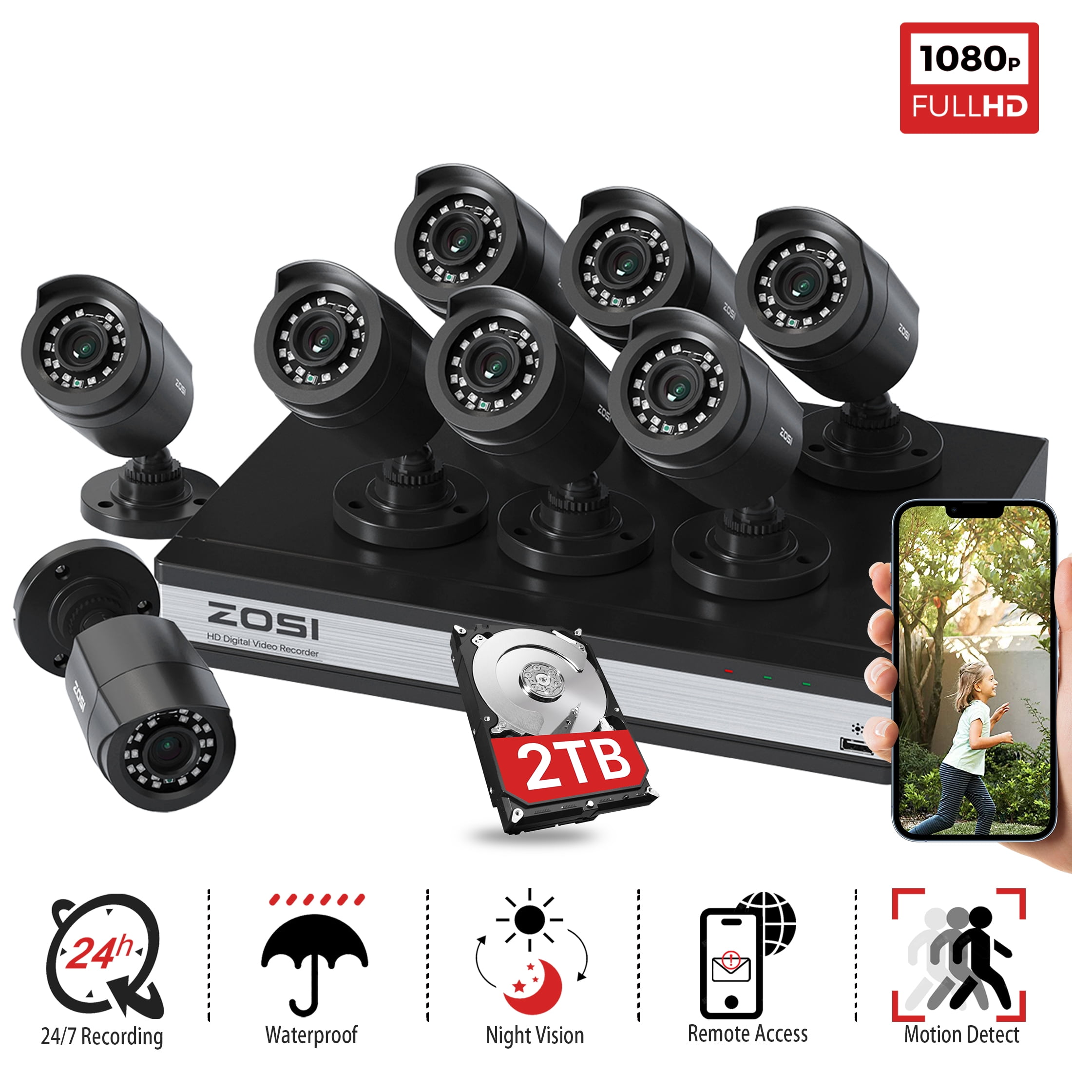 16 Channel 5MP Lite Wired ZOSI Security Camera System, 8pcs Black ...