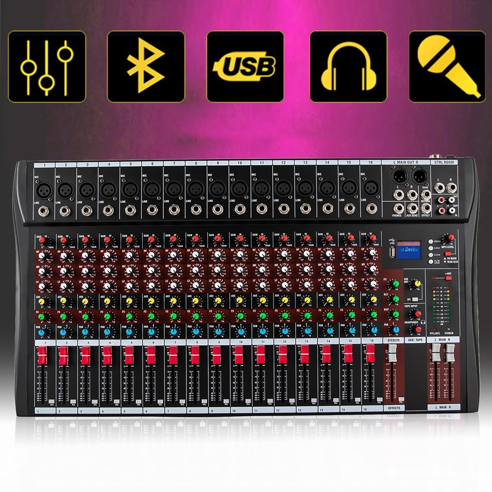 16-Channel Professional Mixer with Three-Band Equalizer, Bluetooth Connectivity, Phantom Power ...