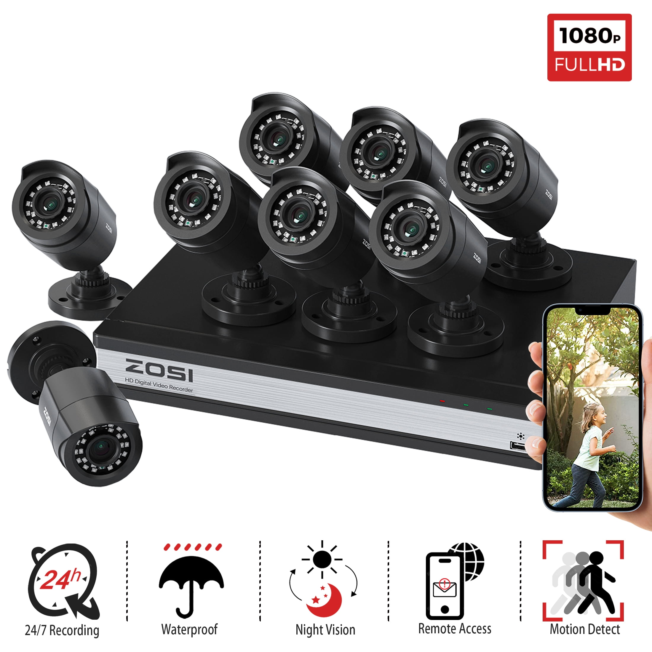 16 Channel Security Camera System, ZOSI Wired 1080p CCTV System, Motion ...