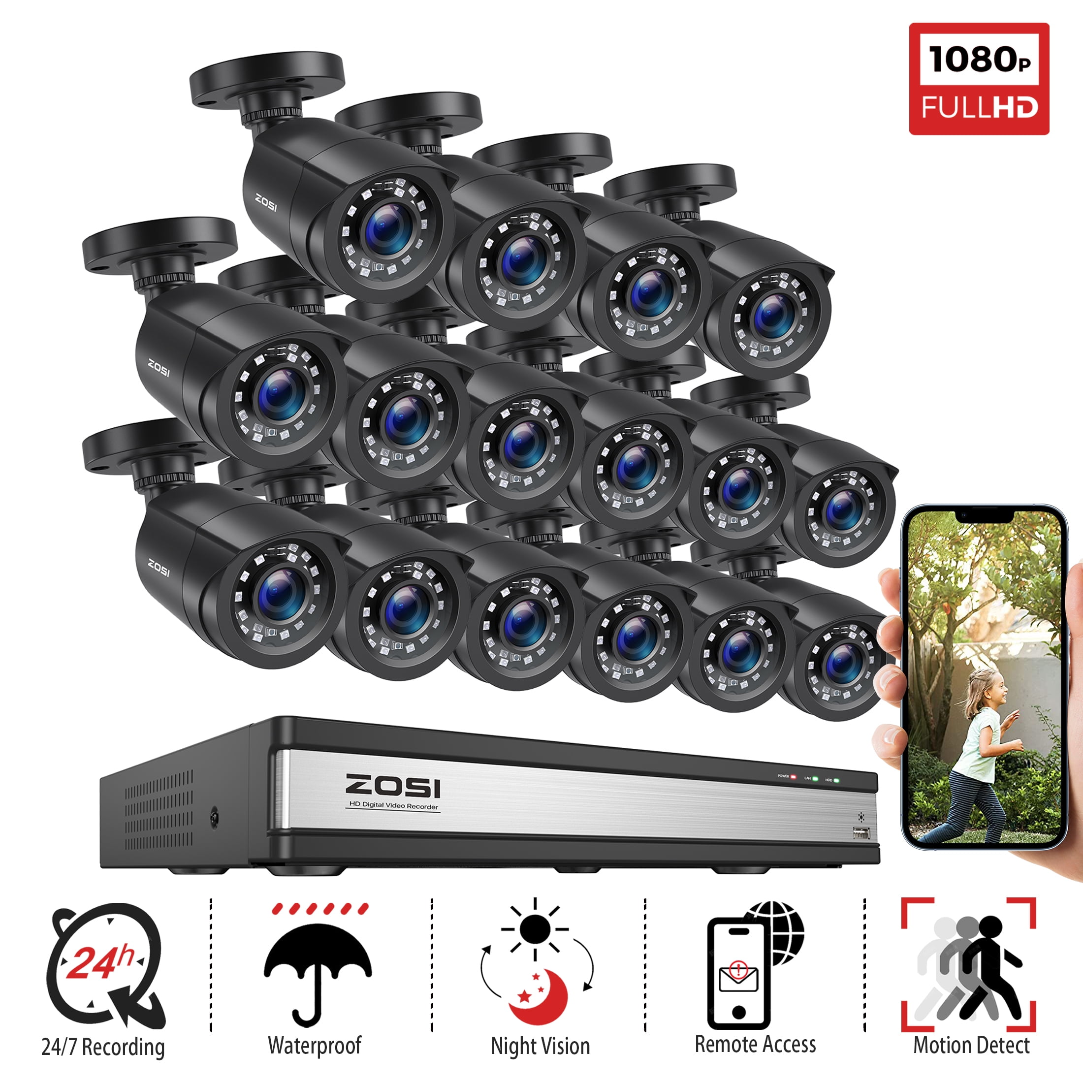 16 Channel Security Camera System, ZOSI Wired 5MP Lite CCTV System, Motion Detection, NO HARD ...