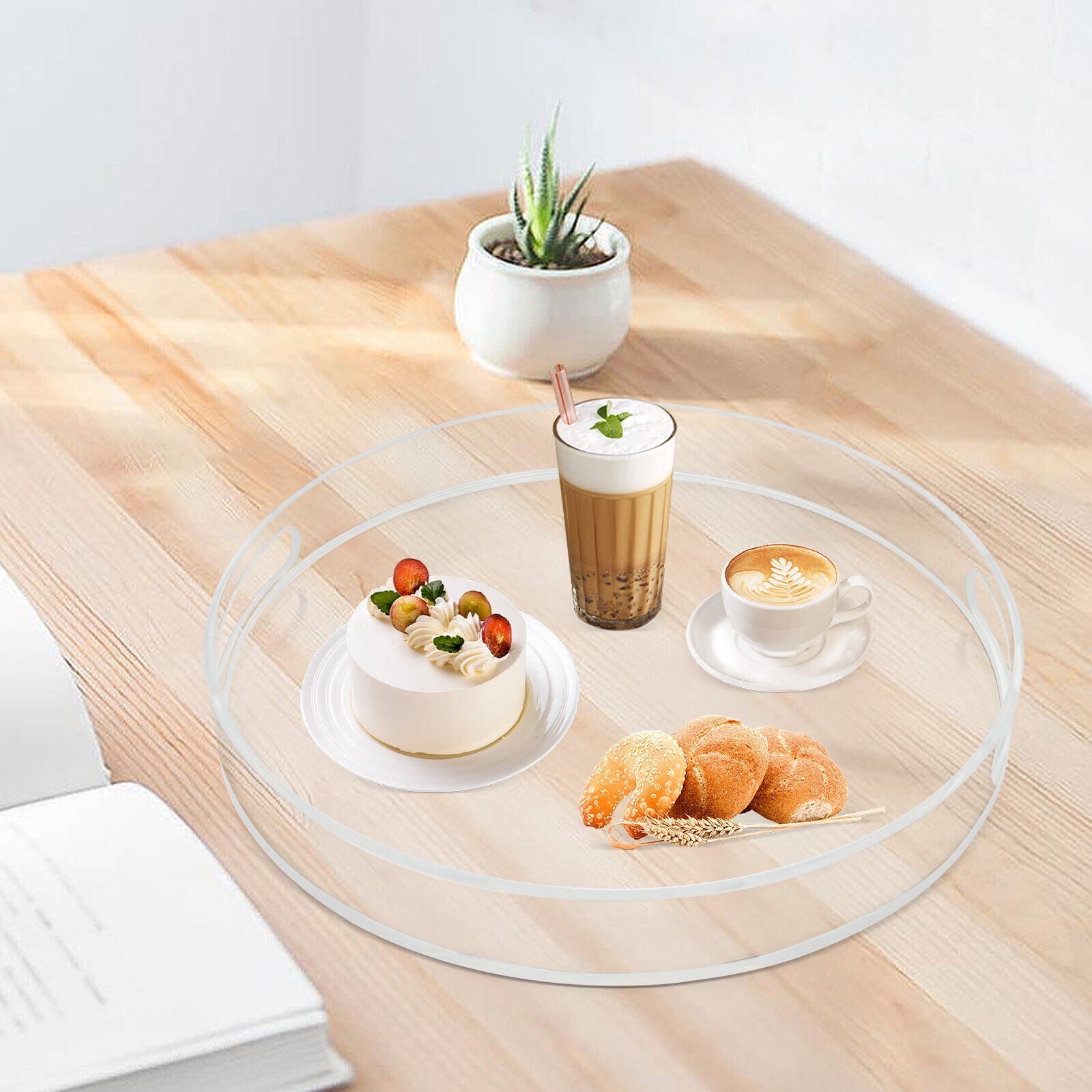 16" Clear Acrylic Round Makeup Tray with Built-in Handles, Kitchen ...