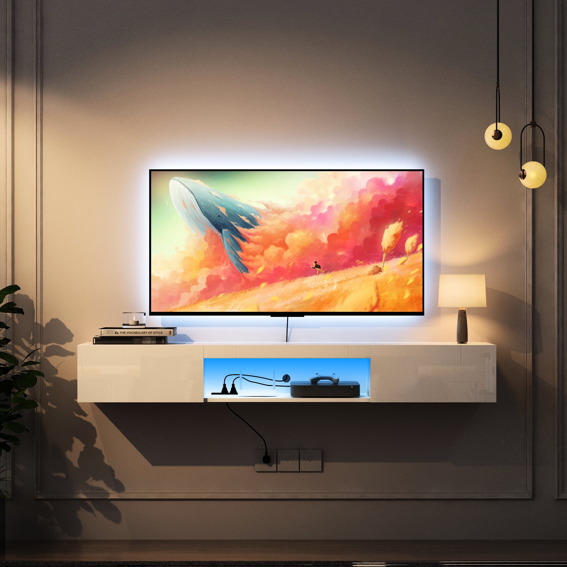 16 Color Led Floating Tv Stand, Accommodates 60-69 Inch Tvs, White With ...