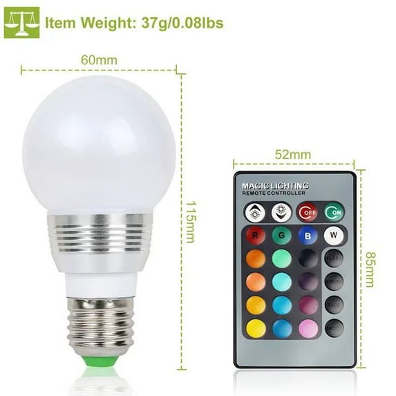 16-Color RGB LED Light Bulb E27, 3W Dimmable Mood Lighting with Remote ...