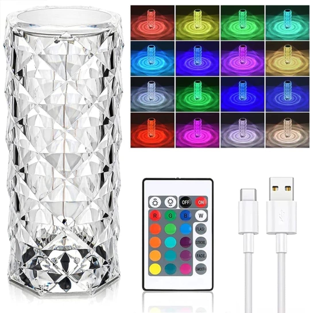 16 Color Touch Control Rose Crystal Rechargeable Lamp, Room Decor Desk ...