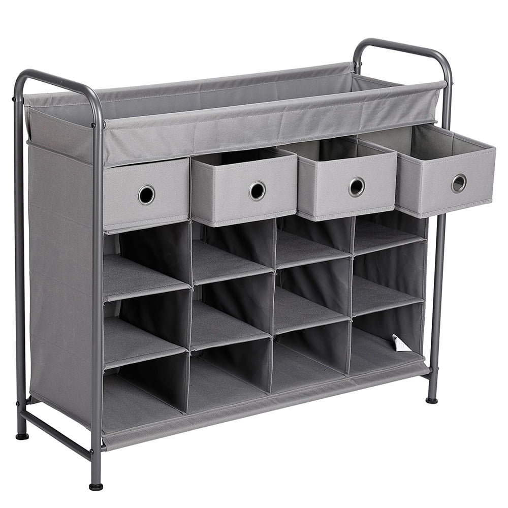 16 Cubby Sturdy Shoe Rack Organizer with 4 Drawers, Premium Space Saver ...