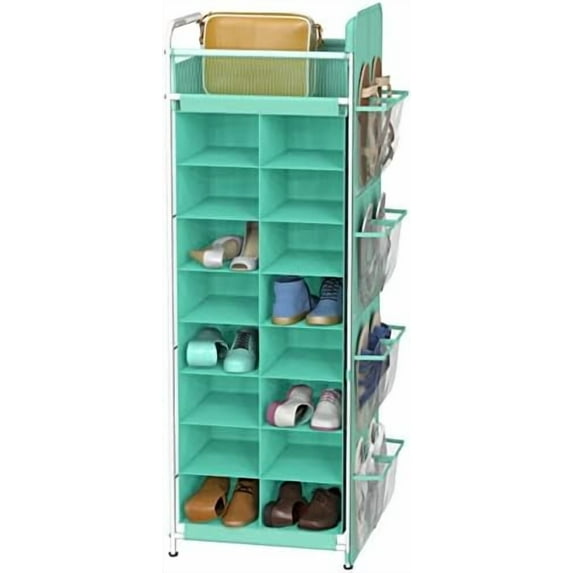 16 Cube Shoe Stand Tower Rack 8 Tier with Top Shelf and Side Hanging ...