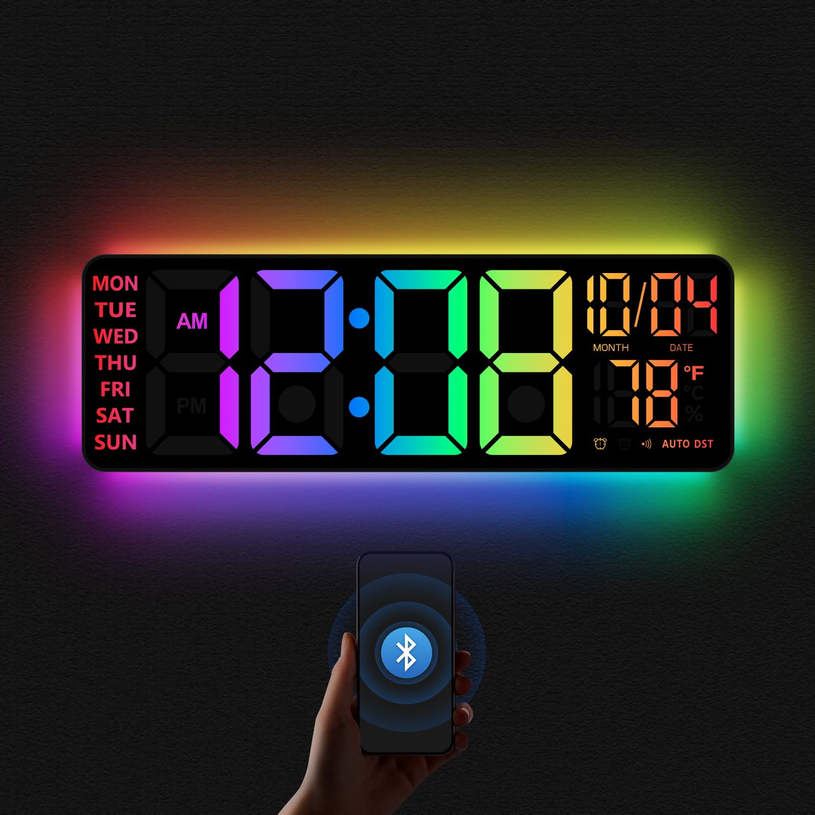 16" Digital Wall Clock with Night Light, Digital Clock with RGB Colors ...