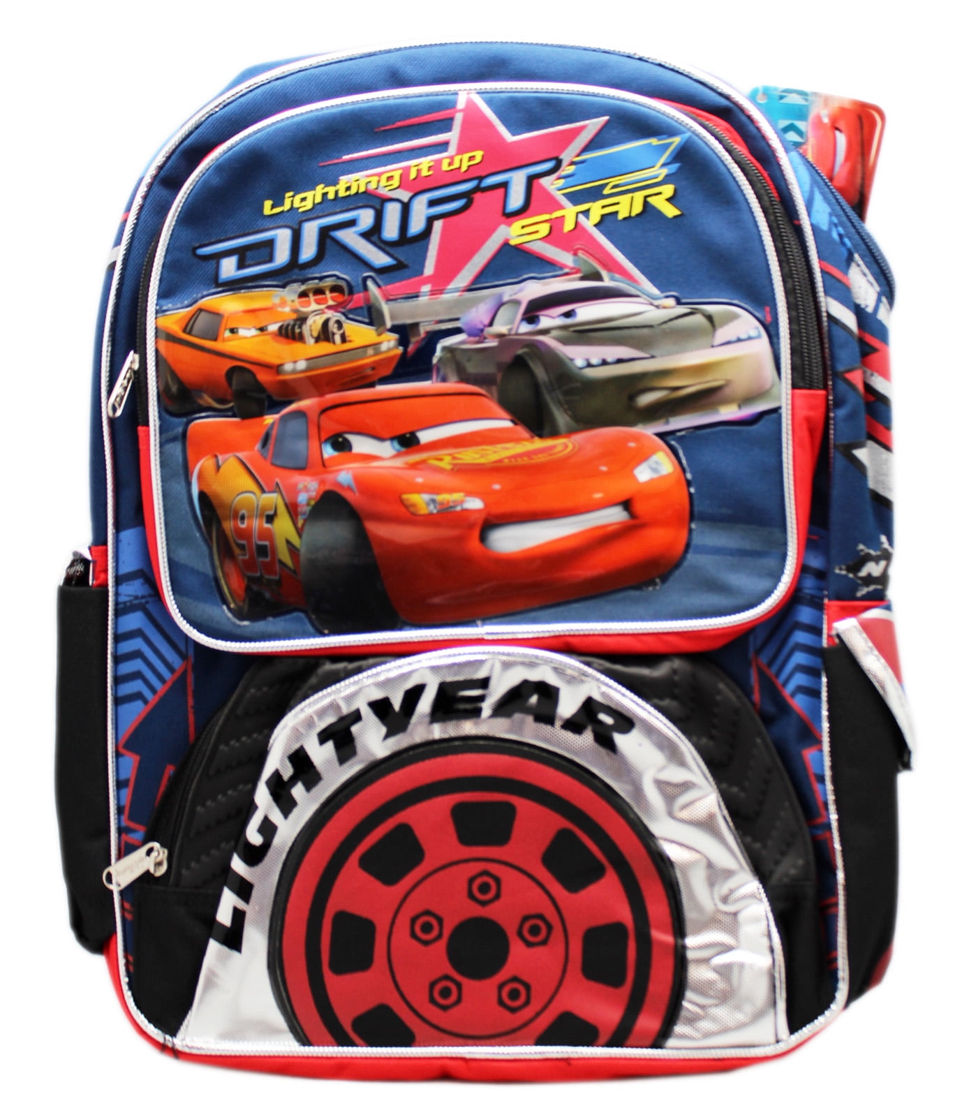 16" Disney Cars Blue Backpack with 3 Cars and Tire Shaped Front Pocket ...