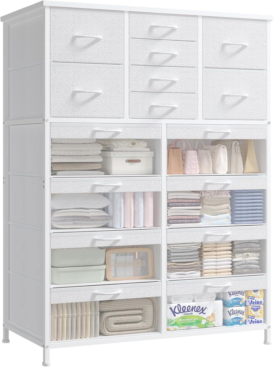 16 Drawer Dresser, 8 Clear & PU Reversible Drawers, Tall Dresser for Bedroom, Fabric Storage ...