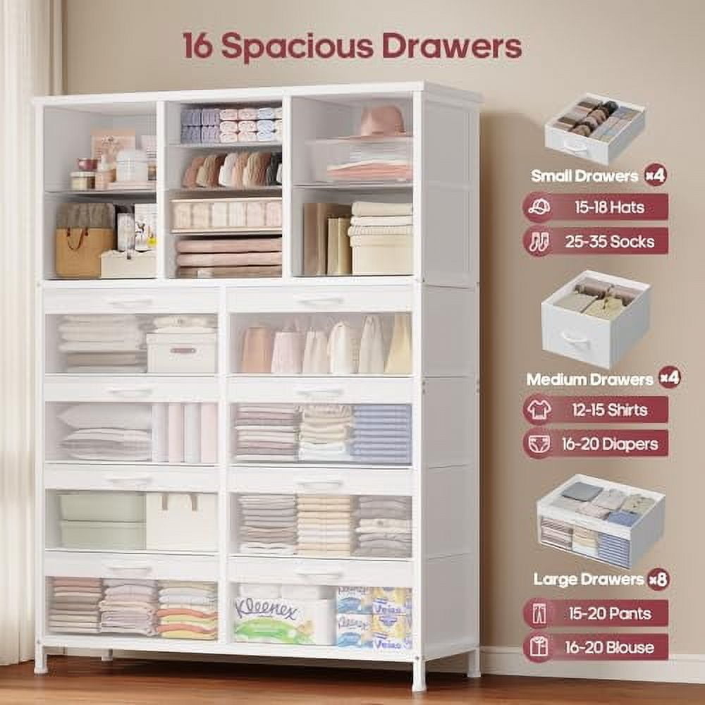 16 Drawer Dresser, 8 Clear & PU Reversible Drawers, Tall Dresser for ...