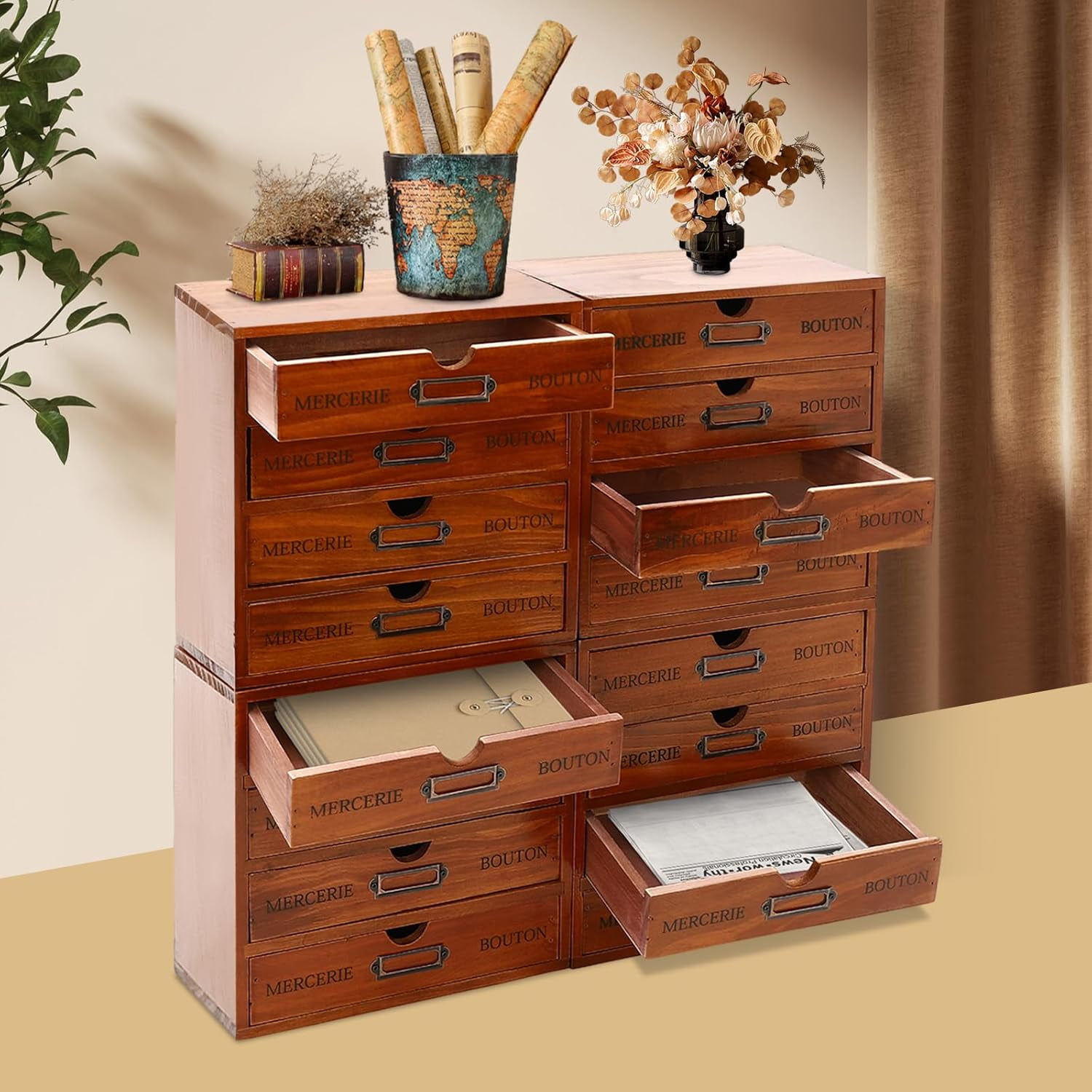 16-Drawer Wooden Storage Box, Literature Organizer 4Pcs 4-Slot Wooden ...