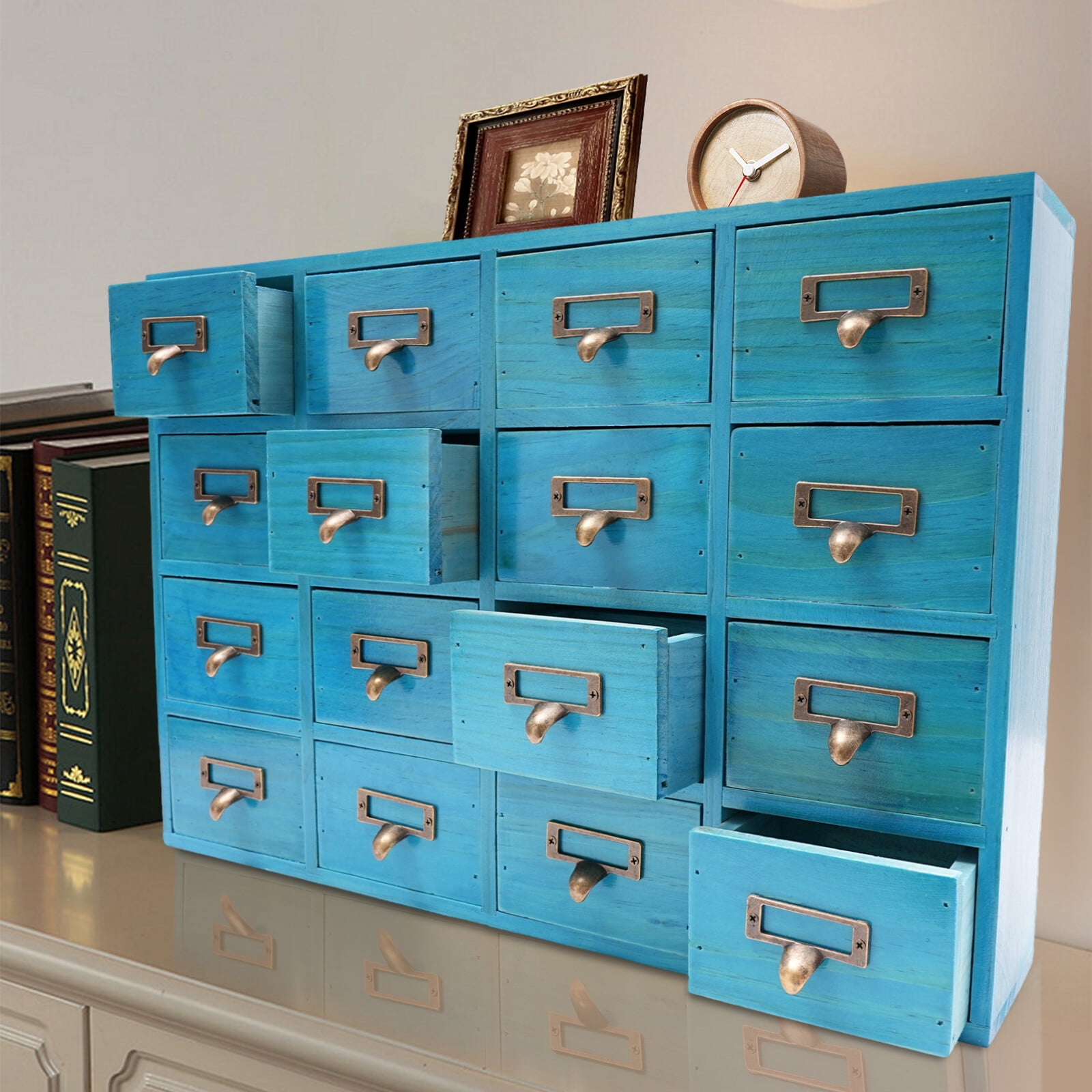 16 Drawers Rustic Blue Apothecary Cabinet Sturdy&Durable Wooden Desk ...