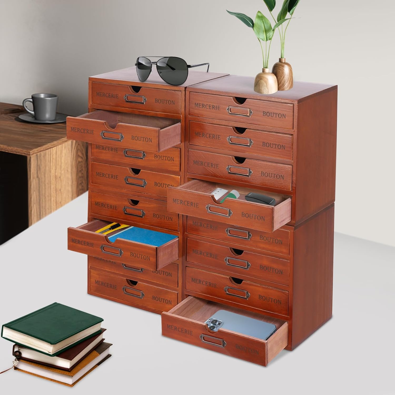 16 Drawers Wooden Storage Box, Filing Cabinet Vintage Jewelry Box Multi ...