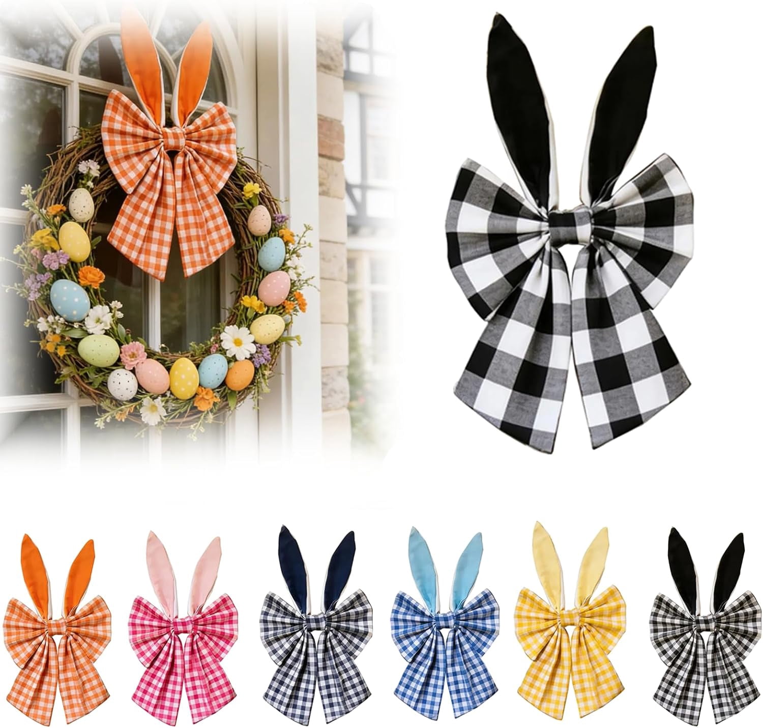 16" Easter Wreath Bow with Bunny Ears, Holiday Fabric Decorative Bows ...