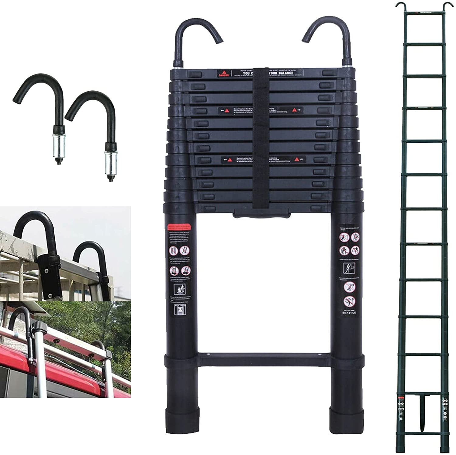 16 FT Aluminum Telescoping Ladder with 2 Detachable Roof Hooks(2.8 inch ...