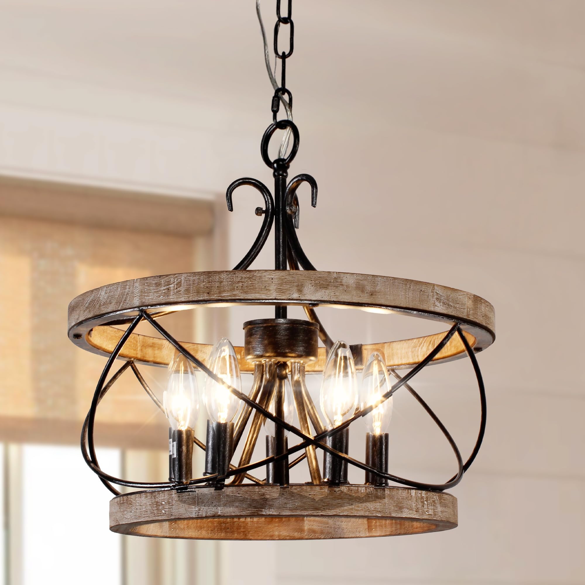 16" Farmhouse Chandelier 5-Light, French Country Wood Drum Light ...