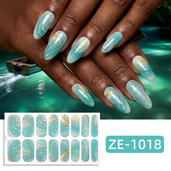 16-Finger Marble-Patterned Nail Polish Film Nail Stickers With Gold ...
