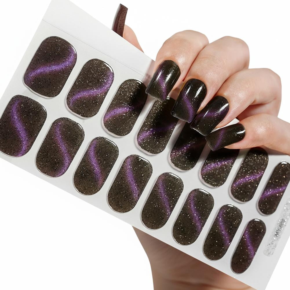 16 Fingers Semi-cured Gel Nail Wraps, New Shimmer Cat Eye Nail Stickers ...